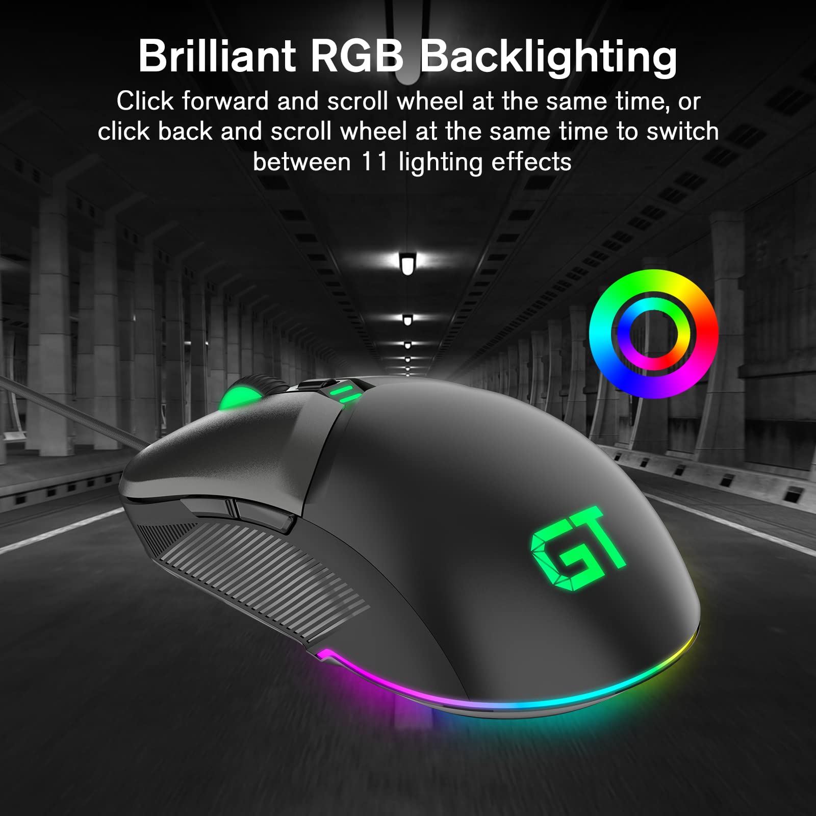 RaceGT Wired RGB Gaming Mouse, Ergonomic Mouse with 7 Backlight RGB Lighting Modes up to 7200 DPI,6 Buttons for Windows PC Gamers (Black)