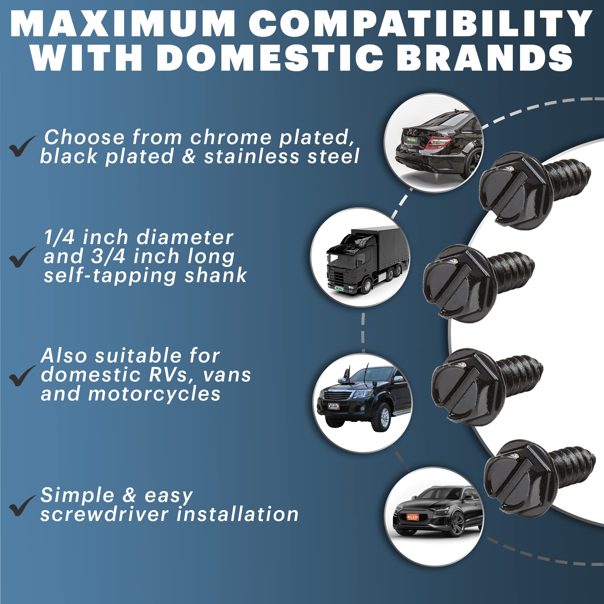 License Plate Screws - Black, Set of 4 Fasteners - For Front and Back License Plates and License Plate Frames or Covers - Rust Proof, Weather Proof, Self Tapping Mounting Bolts (Black Stainless Steel)