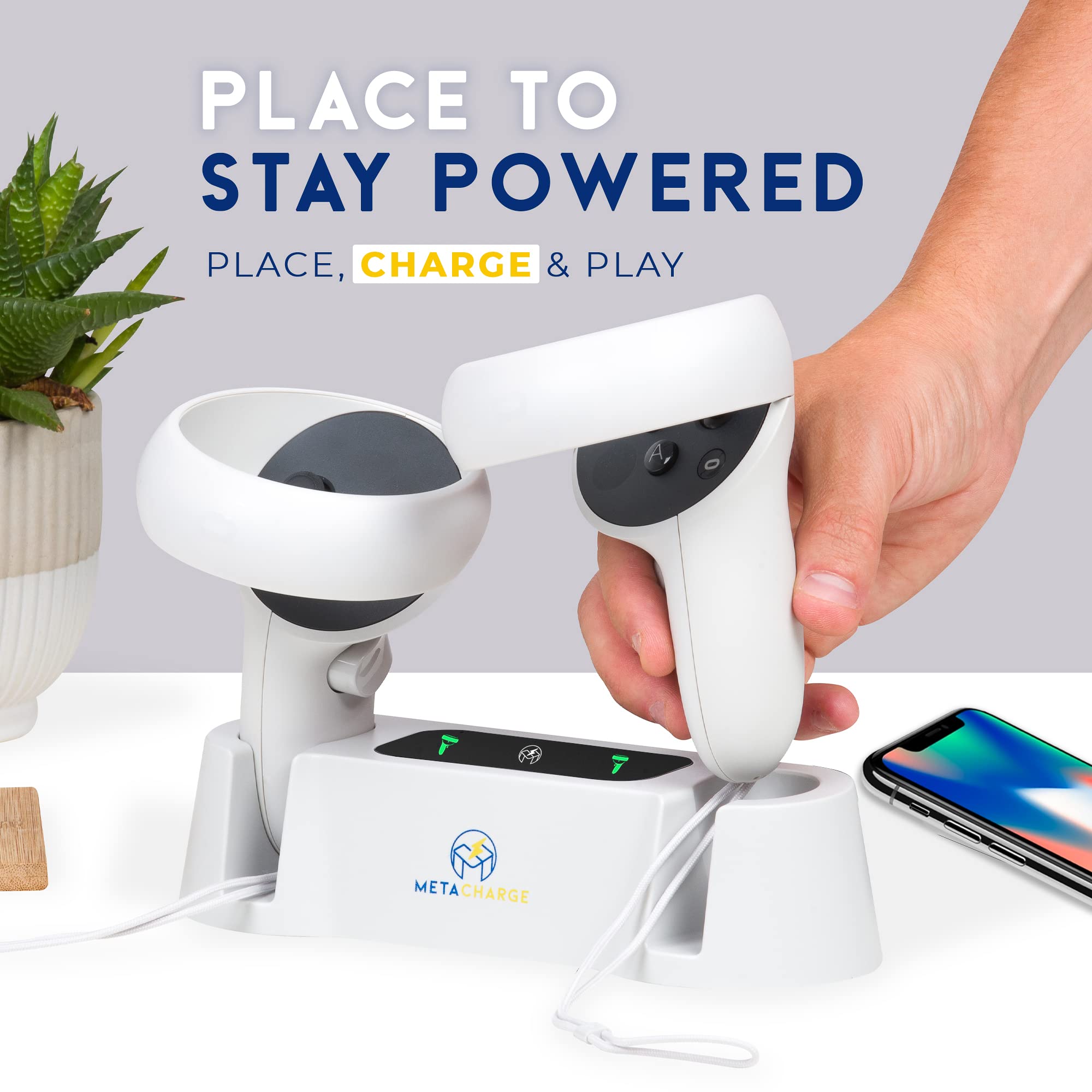 MetaCharge Charging Dock for Meta Quest 2 Virtual Reality Headset, Charging Station for Oculus VR, Comes with 2 Rechargeable Batteries (Support Elite Strap with Battery)