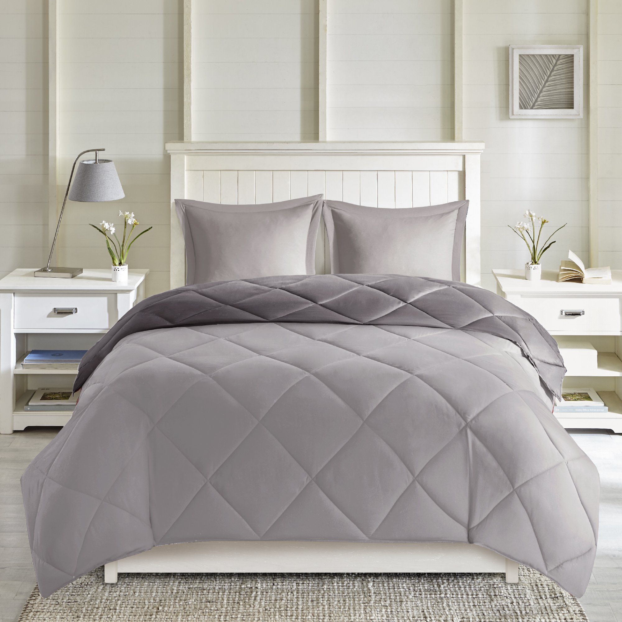 Madison Park Larkspur All Season Reversible Two Sides Down Alternative Set 3M Stain Release Comforters, King, Charcoal/Grey
