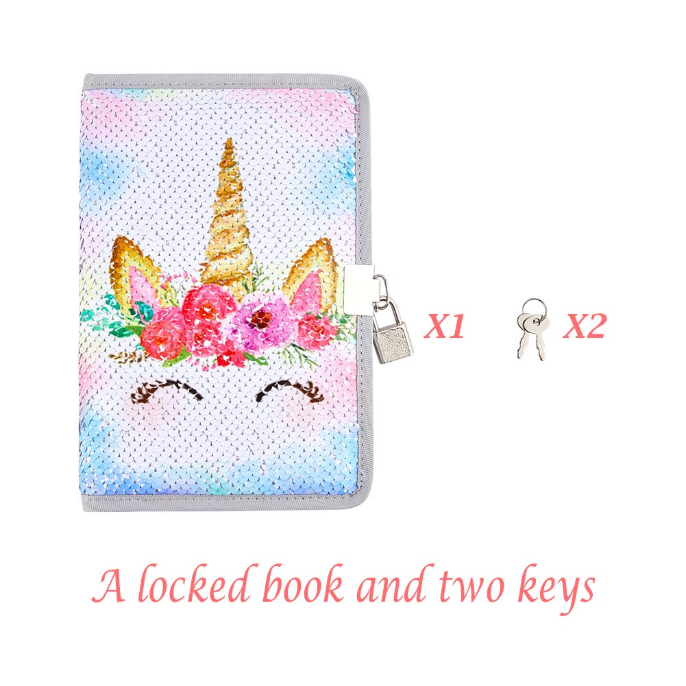 MHJY Sequin Unicorn Journal Secret Diary with Lock,Reversible Mermaid Sequin Notebook Private Journal Magic Unicorn Notebook Gifts for Girls