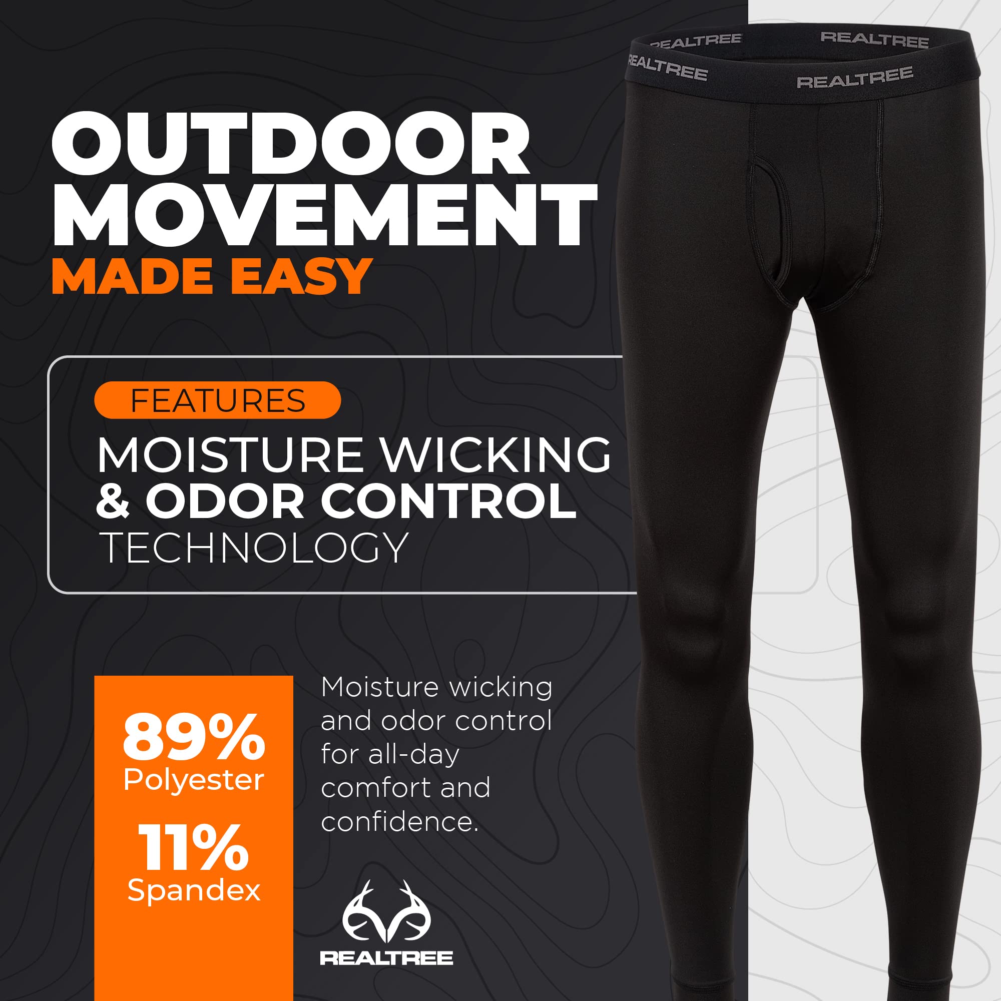 Realtree Mens Thermal Underwear for Men Long Johns Bottom Tights Hunting Gear-Warm Base Layer Leggings Under Pants for Winter (US, Alpha, Medium, Regular, Regular, Black)
