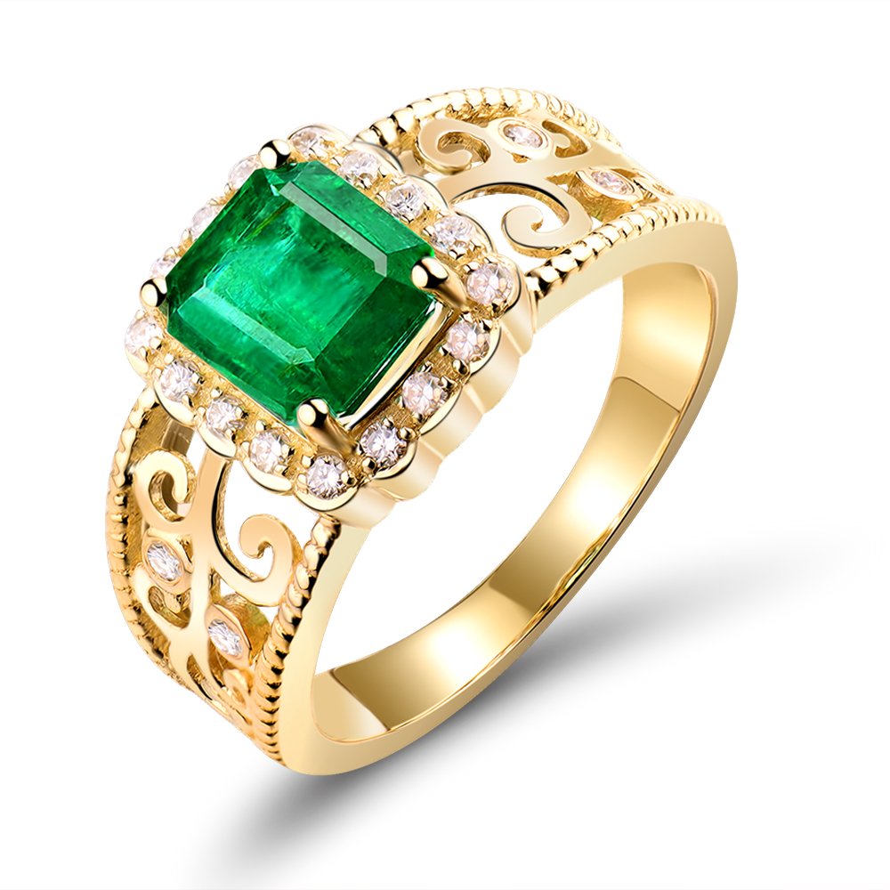 Lanmi Solid 14K Rose Yellow Gold Natural Emerald Rings Engagement Wedding Diamond Band for Women Promotion
