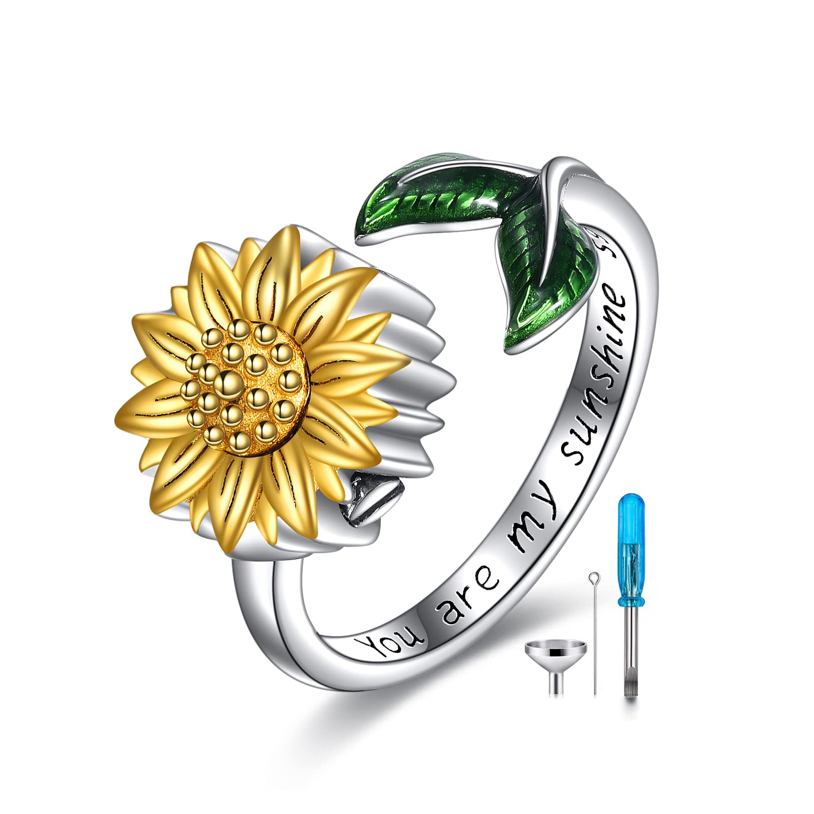Sunflower Urn Ring for Ashes 925 Sterling Silver Adjustable Sunflower Cremation Jewelry Ring Keepsake Locket Ring for Women