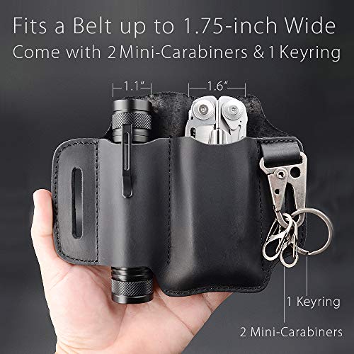 XXL EDC Leather Sheath, Leather Knife Belt Sheath Organizer, Tool Pouch Sheath for Most Leatherman Multitools, Key Ring Holder Fob, Holster for 5 inch Knives, Fit Most Tactical Flashlights. Black.