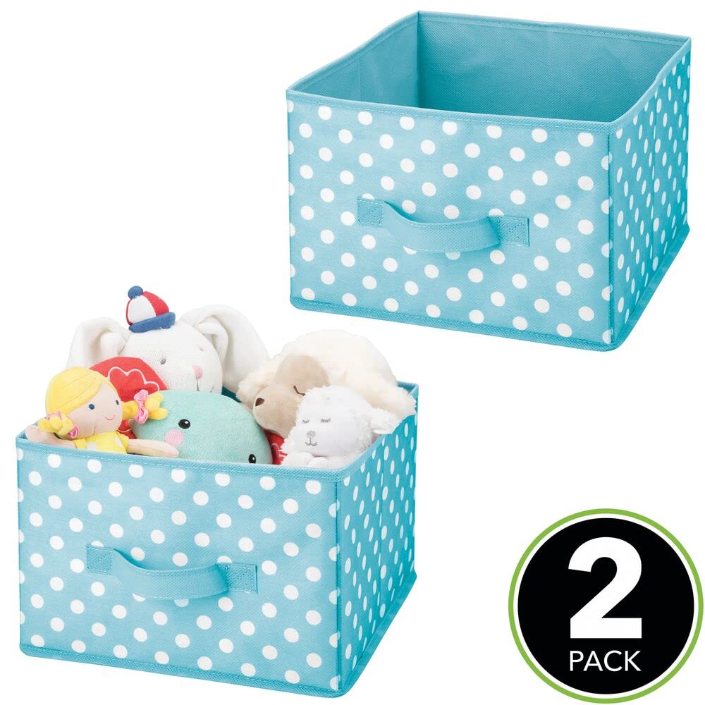 mDesign Soft Fabric Closet Storage Organizer Holder Box Bin - Attached Handle, Open Top, for Child/Kids Bedroom, Nursery, Toy Room - Fun Polka Dot Print - Medium, 2 Pack - Turquoise Blue/White Dots