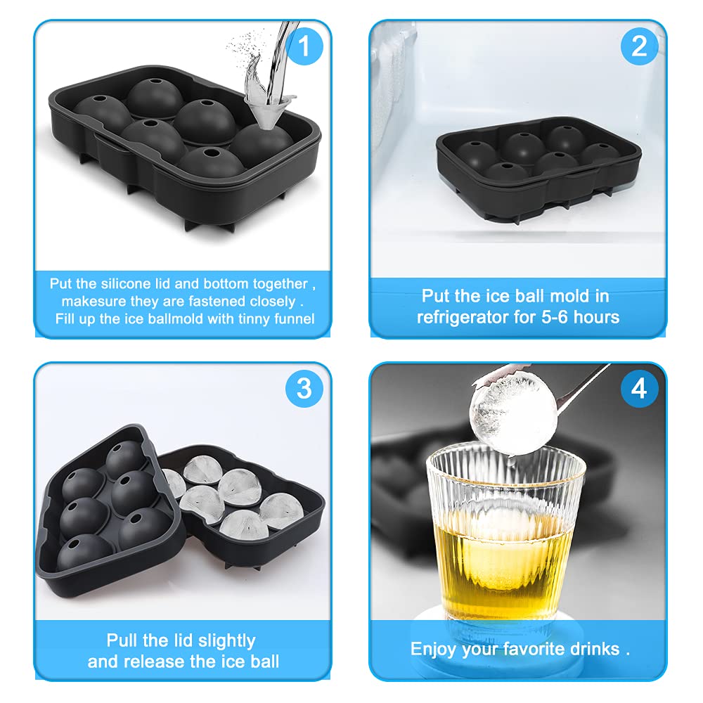 Silicone Ice Cube Trays Round Ice Cube Mold Spheres Ice Ball Maker (6 Round Ice Ball Black)