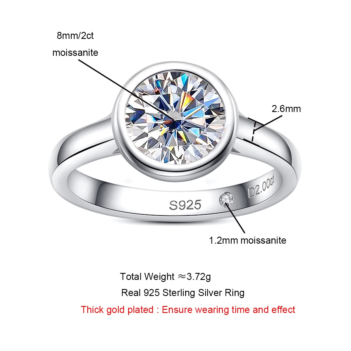 Raivari Moissanite Engagement Rings,2 CT Bezel Setting Round Lab Created Diamond Solitaire Promise Rings in 14K White Gold Plated Sterling Silver, Anniversary Rings for Women7