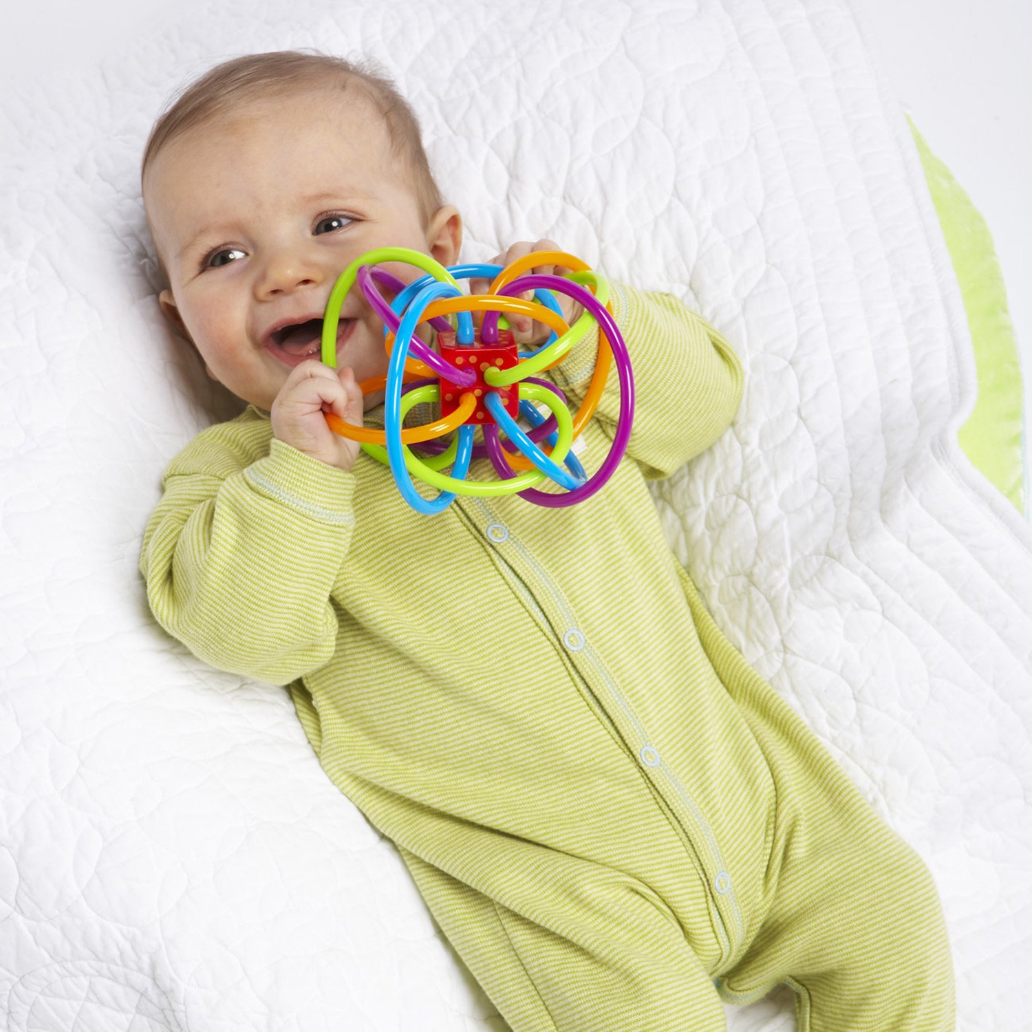 Manhattan Toy Winkel Rattle & Sensory Teether Toy, Blue/Green/Orange, 5 Inch x 4 Inch x 3.5 Inch