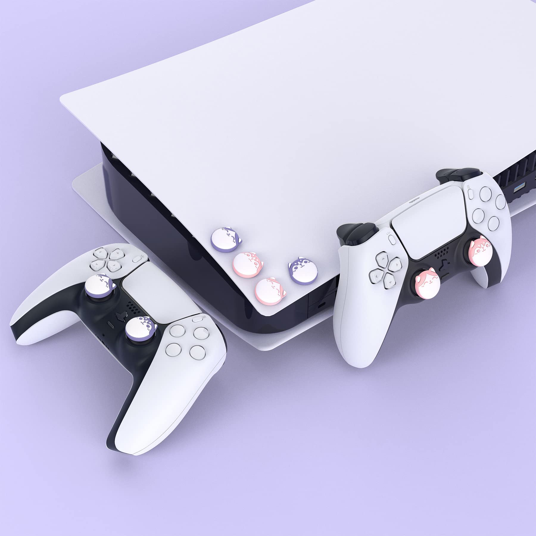 PlayVital Husky & Kitty Cute Thumb Grip Caps for PS5/4 Controller, Silicone Analog Stick Caps Cover for Xbox Series X/S, Thumbstick Caps for Switch Pro Controller - Pale Red & Light Violet