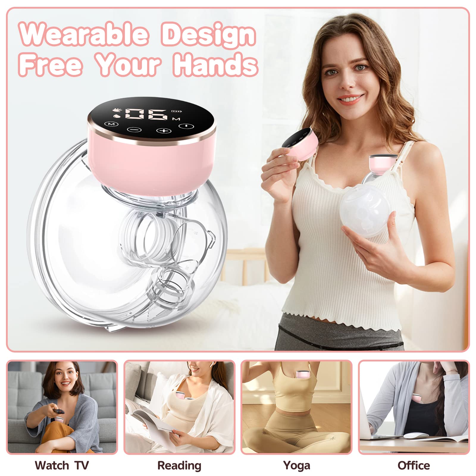 Wearable Breast Pump, AUKZON Electric - Hands Free Breast Pump, with 3 Modes & 9 Levels, Low Noise & LCD Screen, Portable, Rechargeable, 24mm Flange