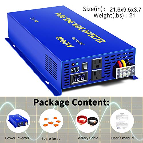 XYZ INVT 4000W Pure Sine Wave Inverter 48V DC to 120V AC Surge 8000 Watt Power Converter Generator with Wireless 100ft Remote Control for Solar System, Home Grid Off, Camping, RV. (4000W 48V 120V)