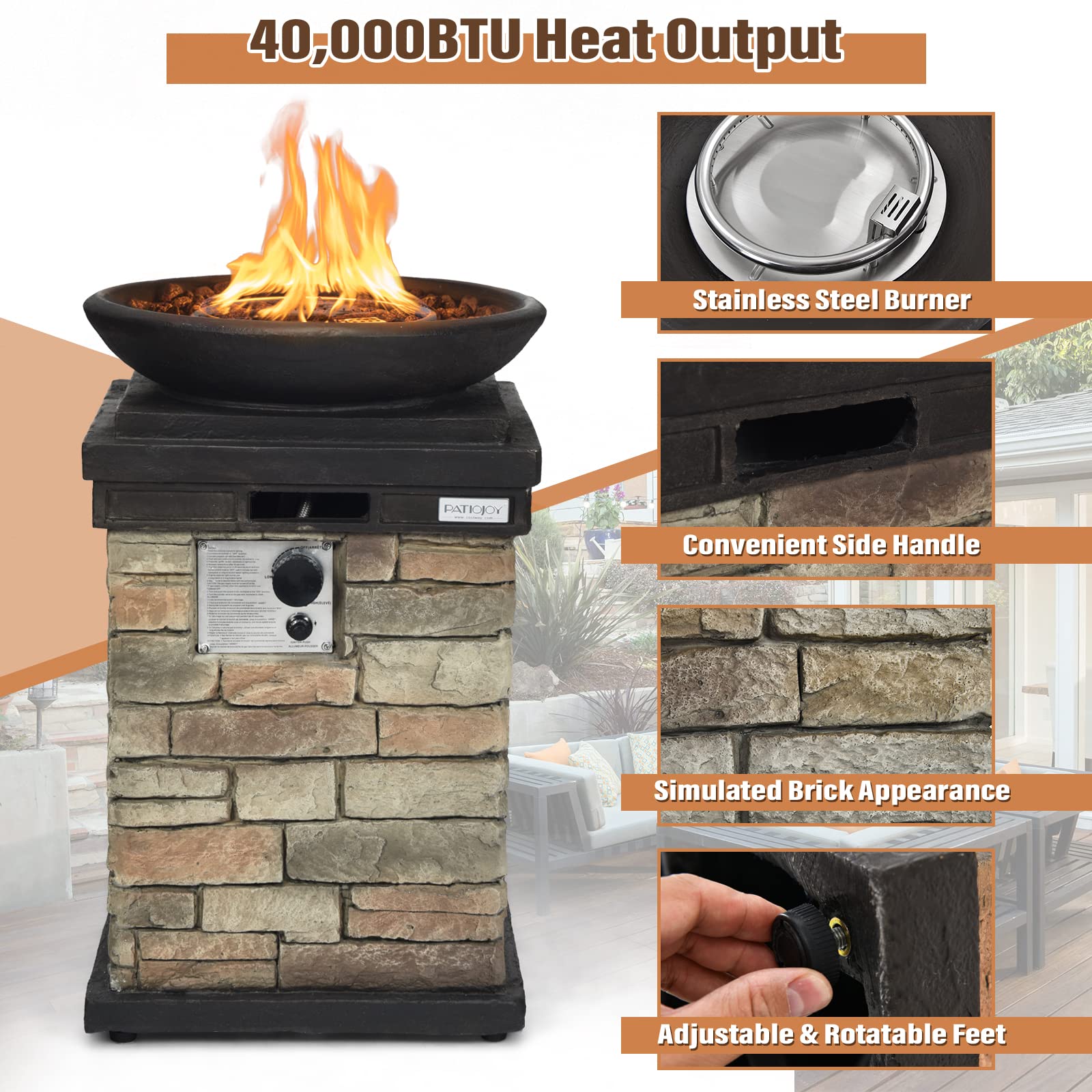 Tangkula Patio Propane Fire Bowl, Patiojoy 40,000BTU Square Fire Pit with Round Bowl, Lava Rocks & Waterproof Cover, Faux Stone Fire Pit Table for Outside Courtyard, Patio, Porch (Natural Stone)