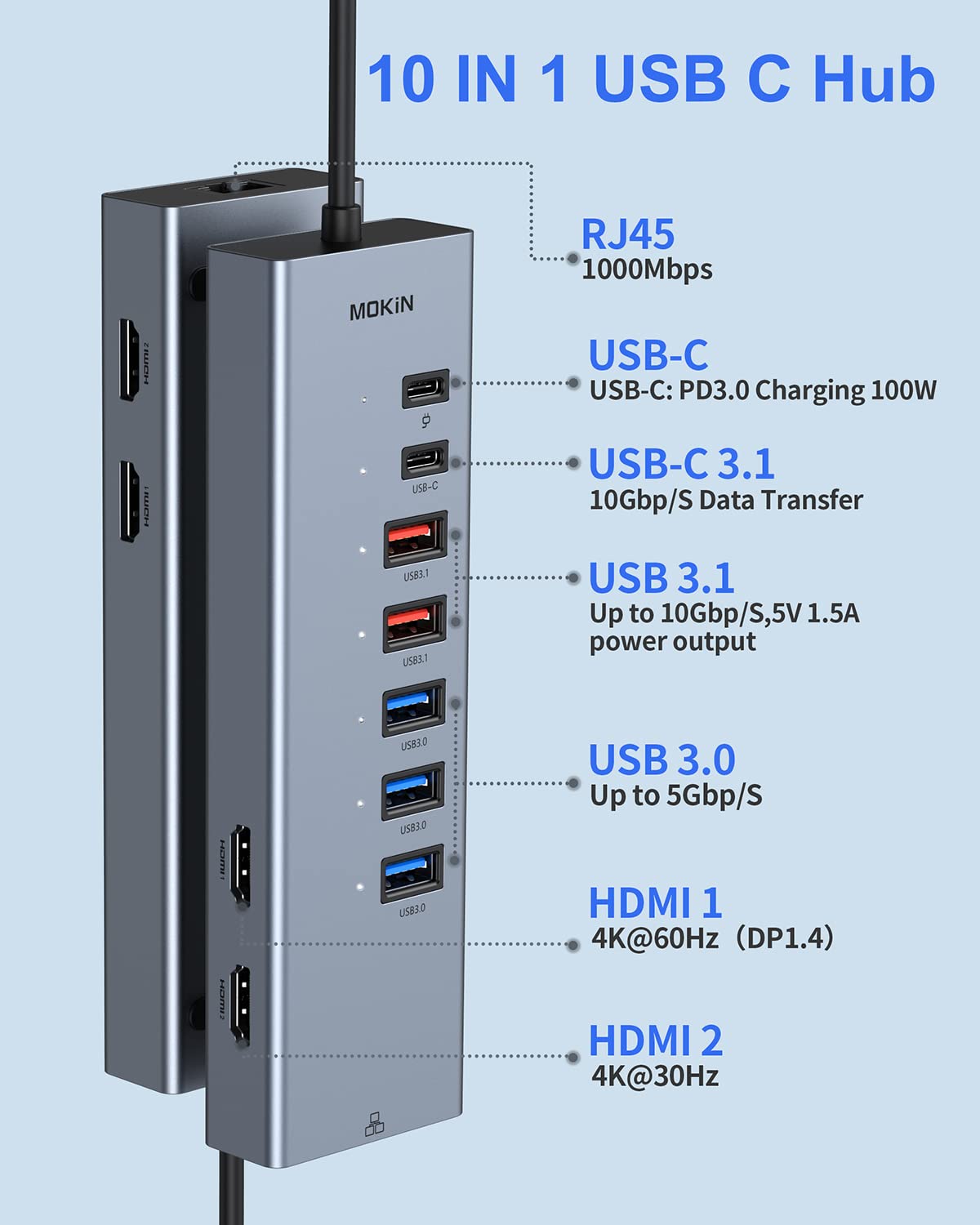USB C Docking Station Dual Monitor, 10 in 1 Laptop Docking Station USB C Hub Dual HDMI Adapter, USB Dongle with 2 HDMI, Ethernet, 2 USB 3.1, 3 USB 3.0, USB C Data and PD for MacBook/HP/Dell/Lenovo.