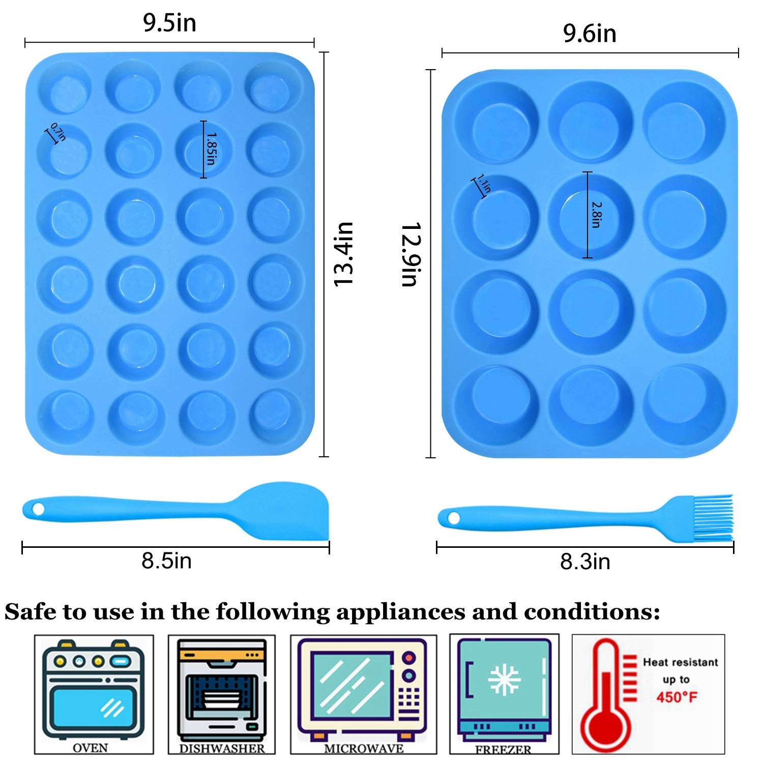 Silicone Muffin Pan Cupcake Set β Non-Stick 12 Cups and Mini 24 Cups,Silicone Baking Molds,BPA Free Muffin Tin with 1 Silicone Spatula & 1 Oil Brush (blue)