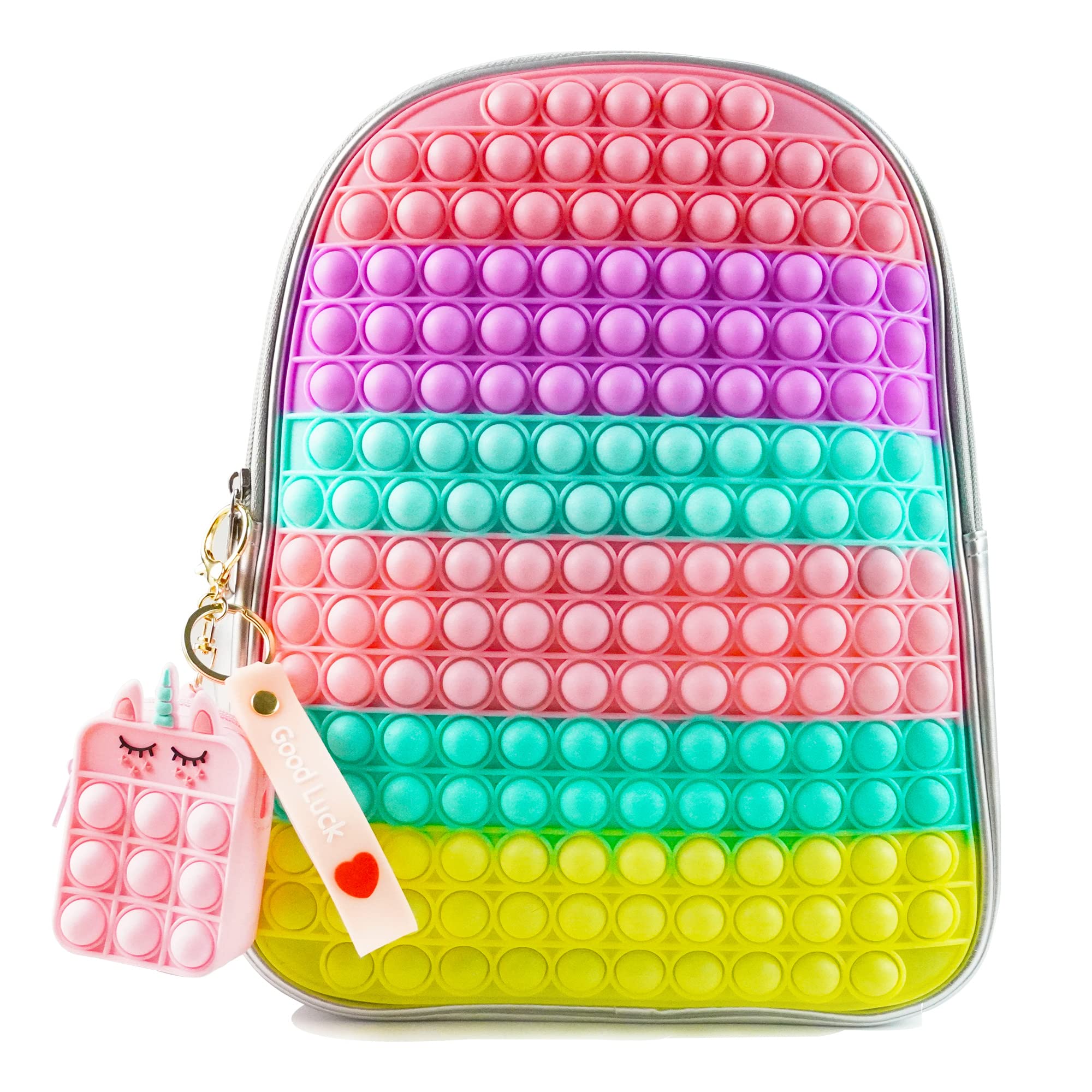 ReignSword Pop it Backpack for Boys & Girls with Pop it Purse, Mini Toddler Backpack, Small Fidget Toys Pop Purse for Kids Gift, Macaroon Silver, 12(L) x 4.5(W) x 16(H) inches