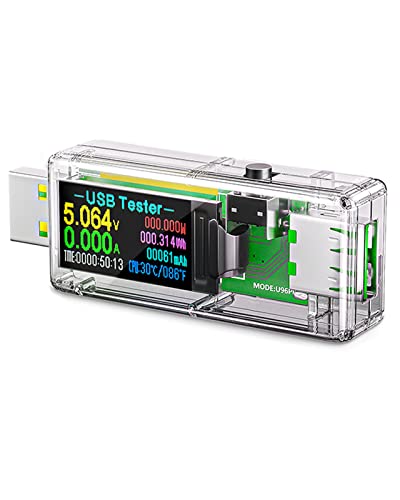 USB 3.0 Tester, Eversame IPS Color Display Digital Multimeter Voltmeter Current and Voltage Monitor, DC 5.1A/30V/150W Power Meter Tester, Test Speed of Chargers, Cables, Capacity of Power Banks-Clear
