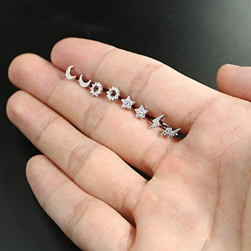 MILACOLATO Cubic Zirconia Stud Earrings | 14K White Gold Hypoallergenic Sterling Silver Stud Earrings | Lightning Bolt Moon Star Stud Earrings for Men Women | White Gold