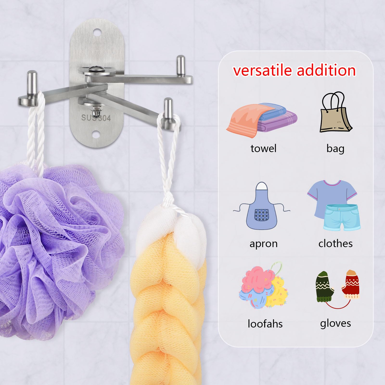 Zivisk Folding Towel Hook Solid Metal 3 Arms Foldable Swivel Hook Space Saving Wall Clothes Hanger for Bathroom, Bedroom, Laundry Room - Silver