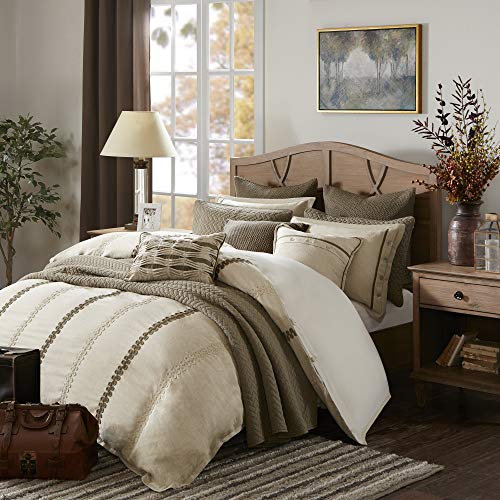 Madison Park Signature Chateau King Size Bed Comforter Set Bed In A Bag - Taupe , Soutache Cord Embroidery β 9 Pieces Bedding Sets β Faux Linen Bedroom Comforters
