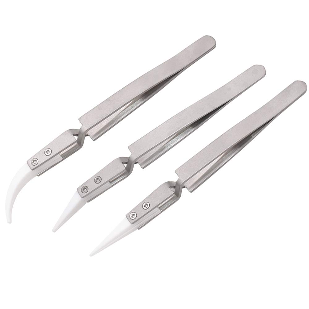 YAKAMOZ 3pcs Precision Reverse Ceramic Tweezers Non-Conductive, Heat Resistant, Anti-Magnetic Pointed & Curved Tips Tweezer Set for Pinching Coils While Firing