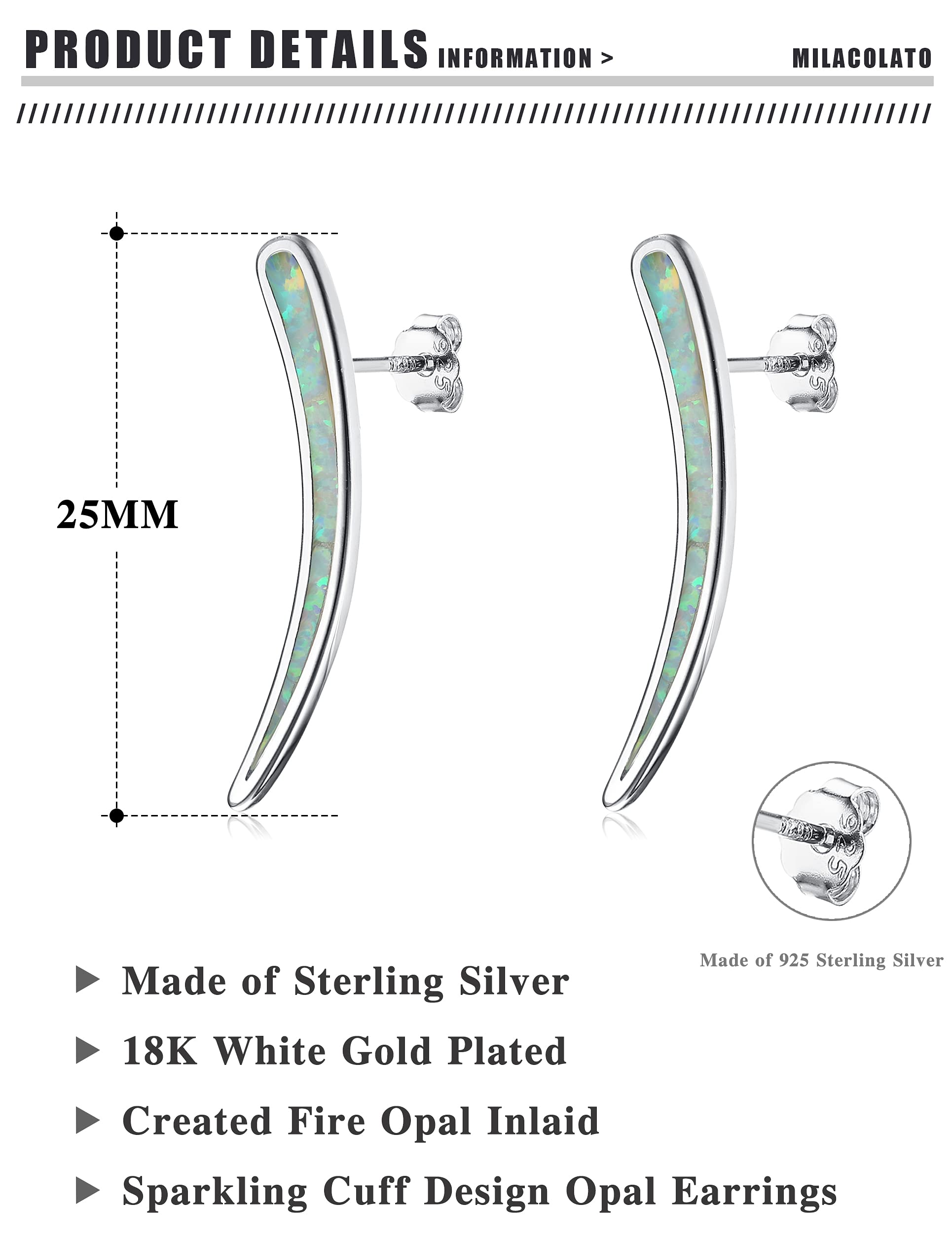 Milacolato Opal Ear Cuff Earrings 925 Sterling Silver Created Fire Opal Bar Crawler Climber Earrings Jewelry Gifts for Women, White