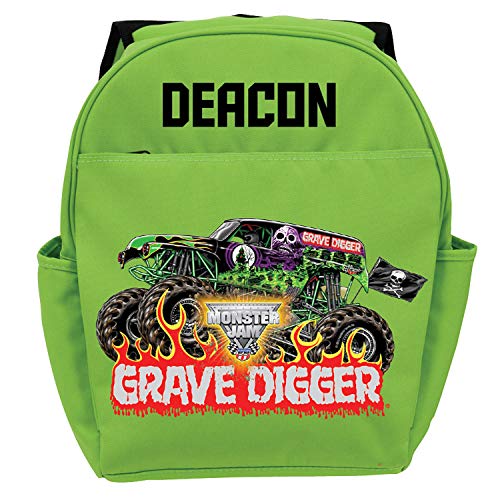 Monster Jam Grave Digger Personalized Backpack with Custom Name Printed on Green Book Bag | Zippered Compartments and Side Water Bottle Pockets | Youth Size School Bag