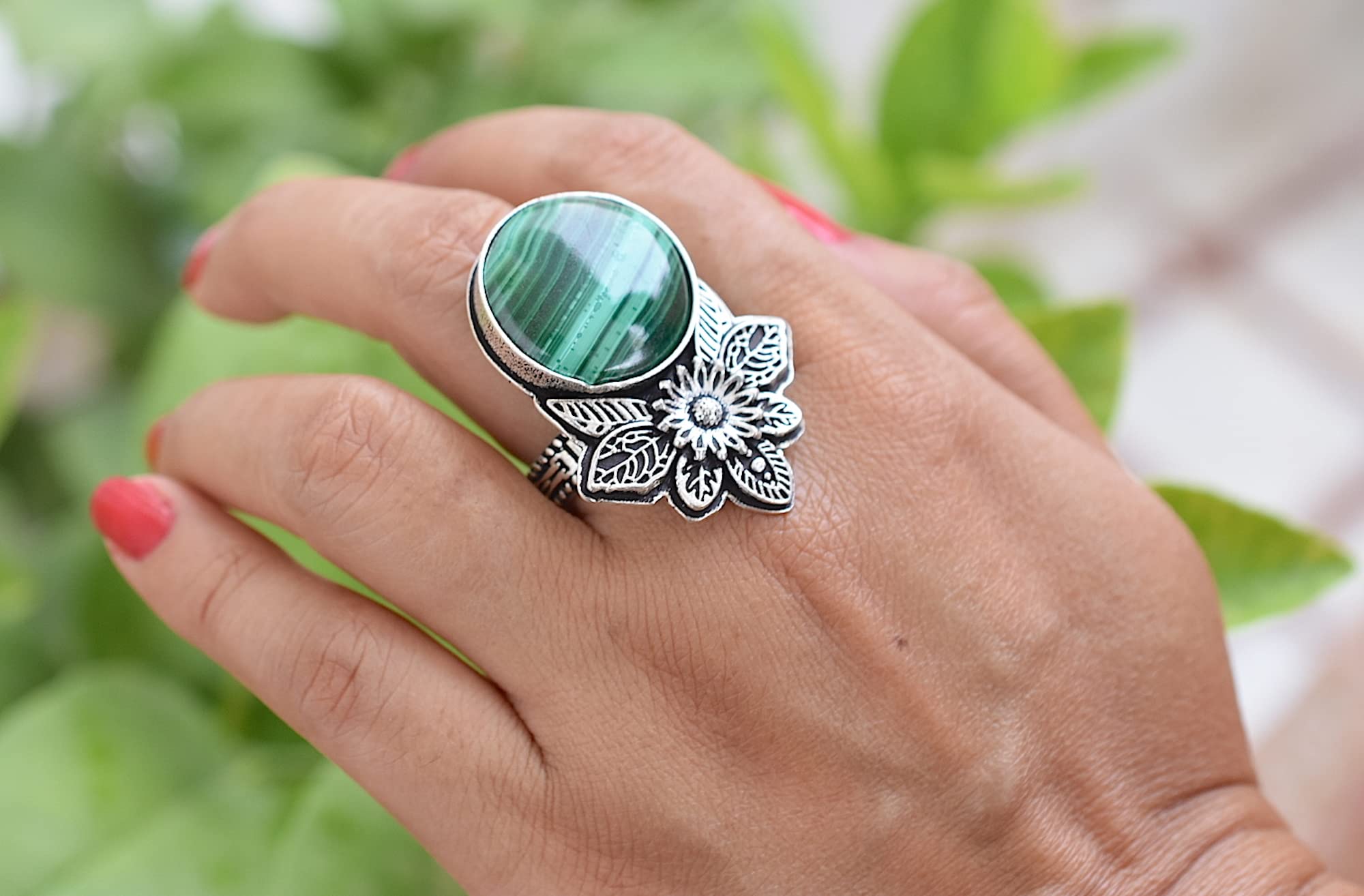 Rekha Gems Malachite Ring-925 Sterling Silver Ring-Vintage Ring-Handmade Ring-Birthday Gift-Green Gemstone Ring-Boho and Hippie Ring-Birthstone Ring-Malachite Jewelry- RMK13 (4.50 US)