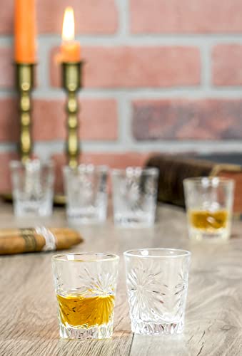 Red Co. Set of 6-2oz Clear Shot Glasses Set with Carved Pattern, Home Bar Glassware for Brandy, Liquor, Jello Shots - Rising Star Pattern