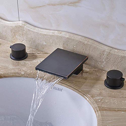 Y-LKUN Faucet Solid Brass Oil Rubbed Bronze Widespread 3Pcs Waterfall Spout Bathroom Sink Faucet Three Holes Mixer Tap