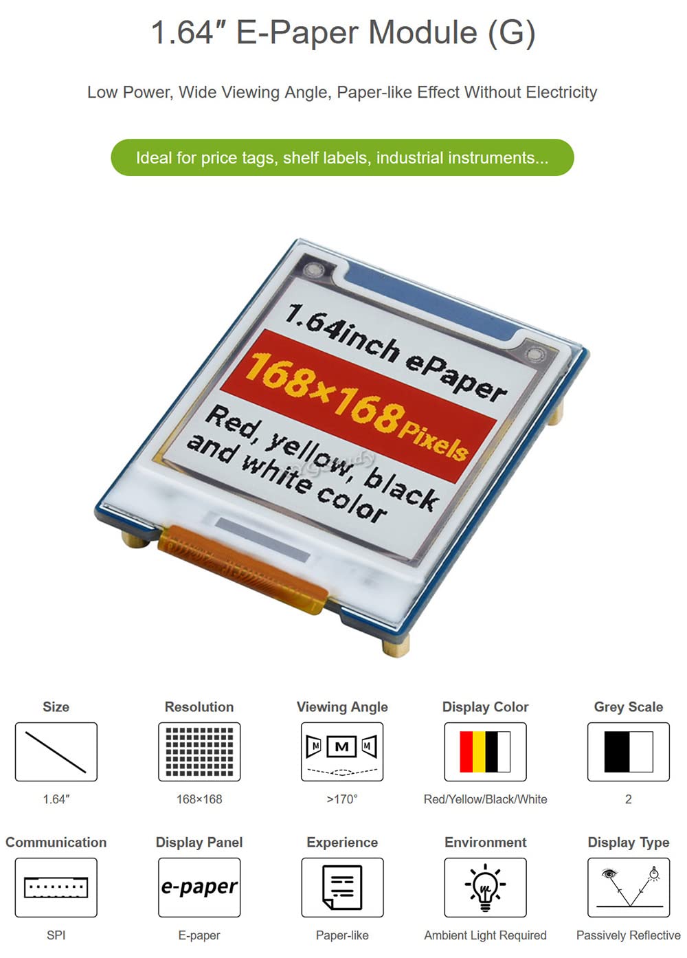 XYGStudy e-Paper Module HAT Series (G) Series (1.64inch e-Paper Module (G))