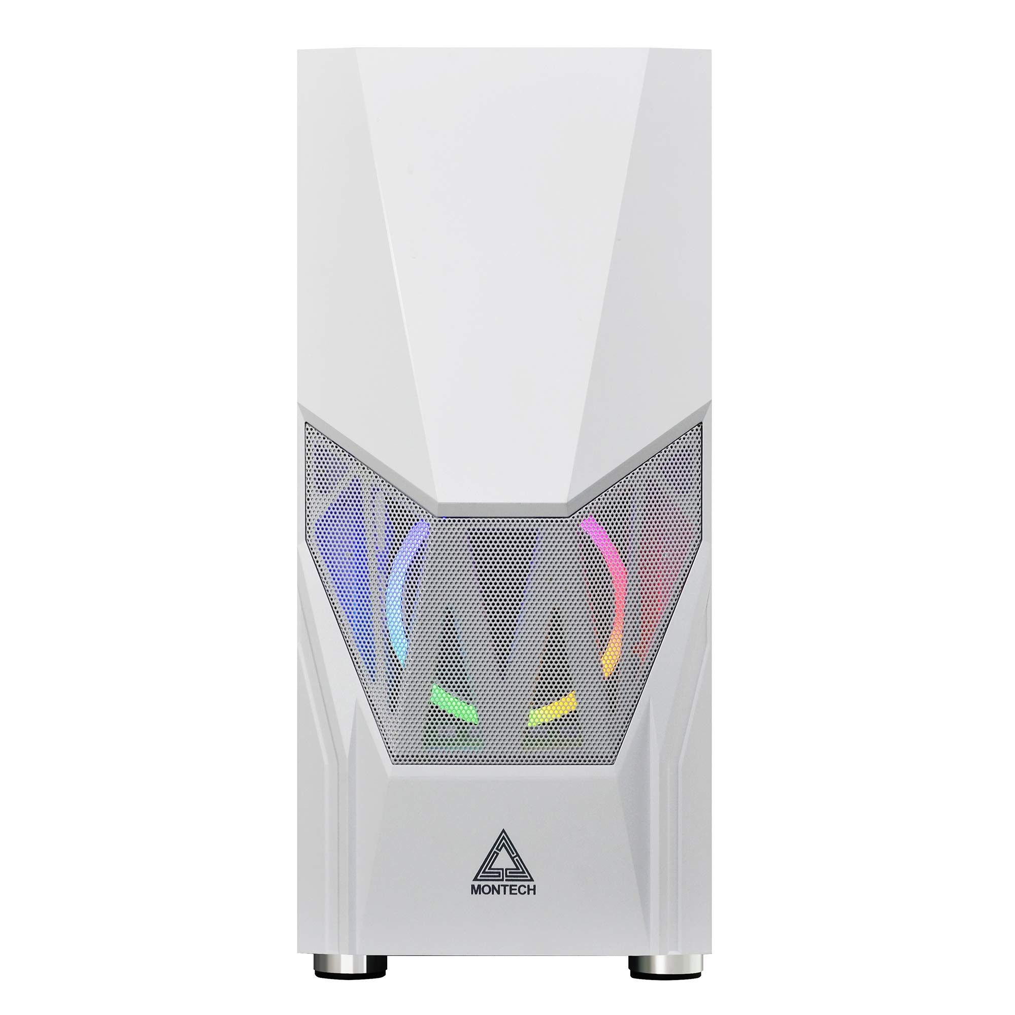 Montech Fighter 500 White ATX Mid-Tower Computer Gaming Case/Pre-Installed Four Rainbow LED Fans, High-Airflow, Mesh 3D Front Panel, Tempered Glass, Magnetic Dust Filter/ATX,Micro ATX,Mini-ITX