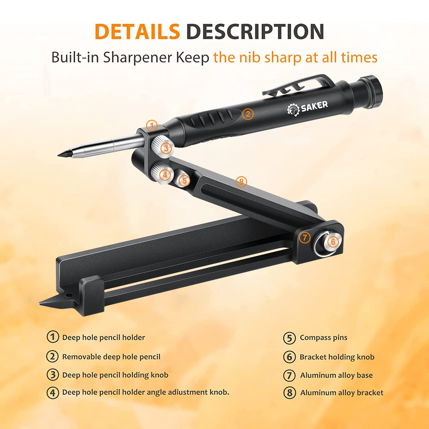 Saker Multi-function Scribing Tool- Construction Pencil- Aluminum Alloy Scribe Tool with Deep Hole Pencil,DIY Woodworking Scribe Gauge Scriber Line Maker Measuring Tool,Multifunctional Tools