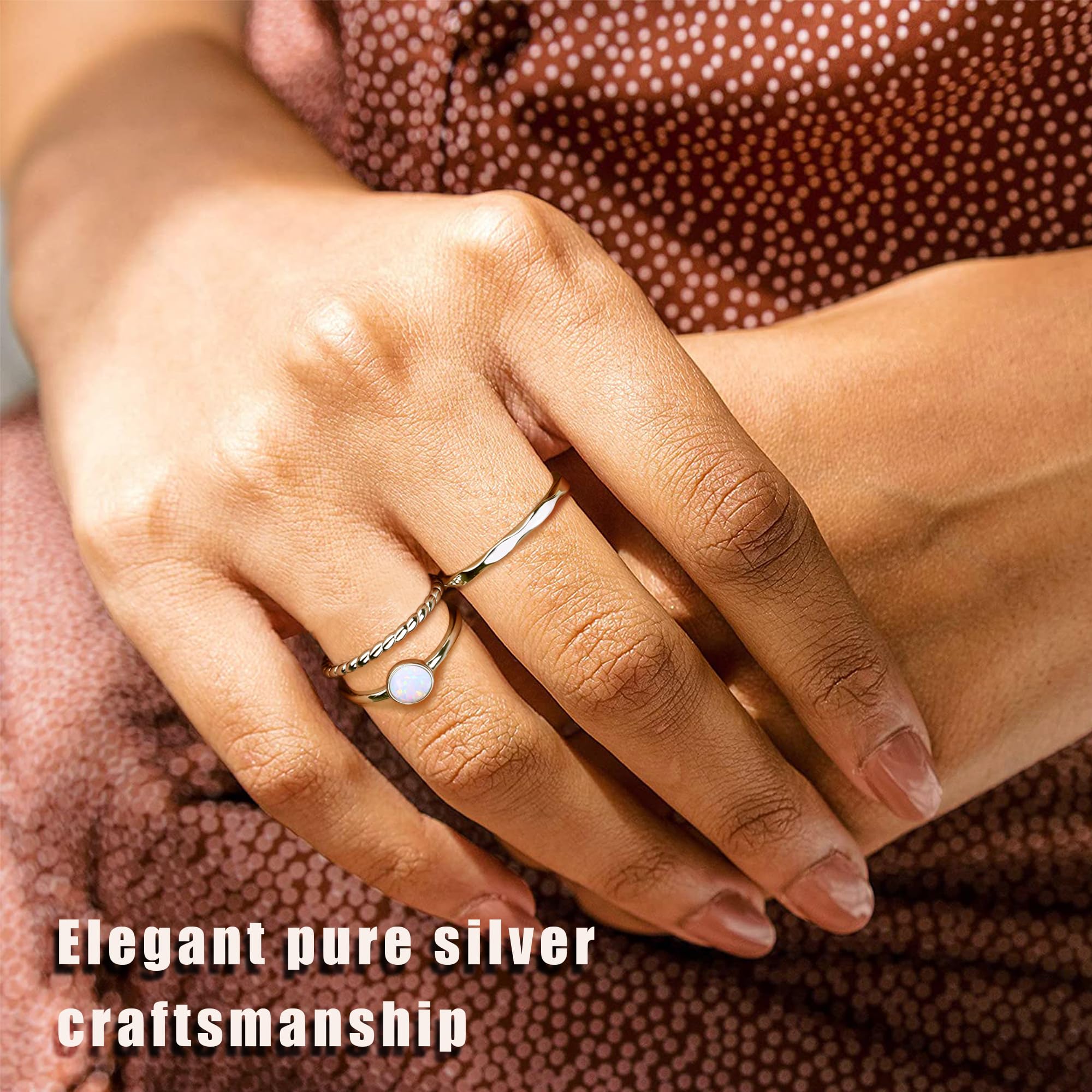 MILACOLATO S925 Sterling Silver Stackable Rings Set for Women Men 18K White Gold Plated Opal Hammered Twisted Thumb Rings High Polished Pinky Knuckle Finger Rings Wedding Band Rings Comfort Fit Size 8