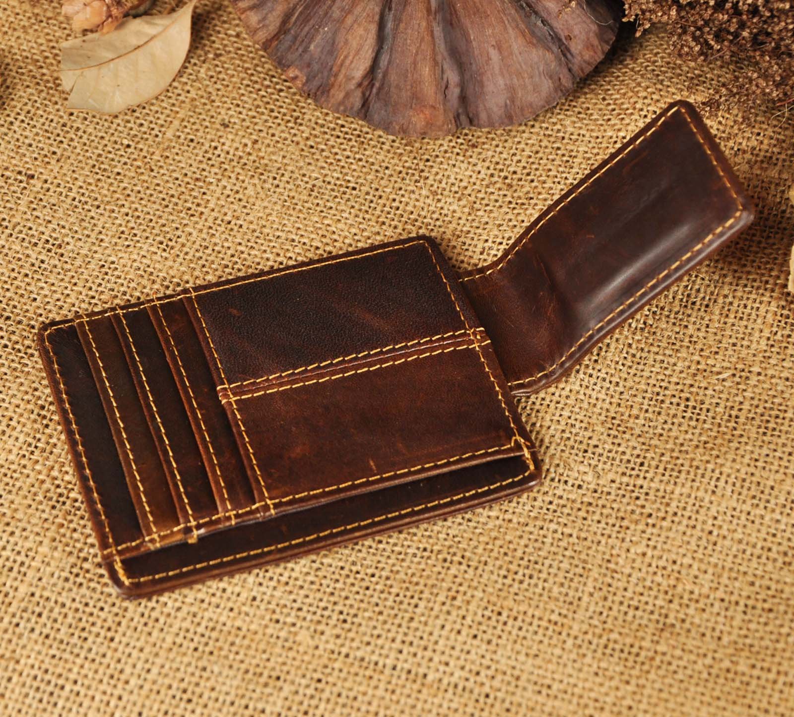 Le'aokuu Genuine Leather Magnet Money Clip Credit Card Case Holder Slim Handy Wallet (Light Brown 2)