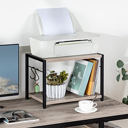 MAHANCRIS Under Desk Printer Stand, 2-Tier Printer Cart with Storage, Rolling Printer Table on Wheels and 2 Hooks, Printer Holder for Desk Shelf Organizer for Home Office, Greige PTHG2001Z