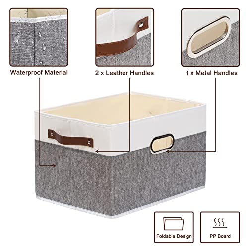 Yawinhe Collapsible Storage Bins, 16.9 x 11.8 x 10.2 Inch, Cube Storage Bins, Fabric Foldable Storage Bins Organizer Containers with Dual Leather Handles for Home Closet Office (White/Grey, 4-Pack)