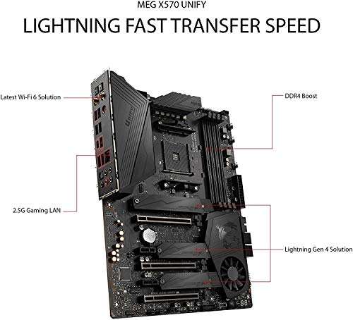MSI Meg X570 Unify Motherboard (AMD AM4, DDR4, PCIe 4.0, SATA 6GB/s, M.2, USB 3.2 Gen 2, Ax Wi-Fi 6, Bluetooth 5, ATX)