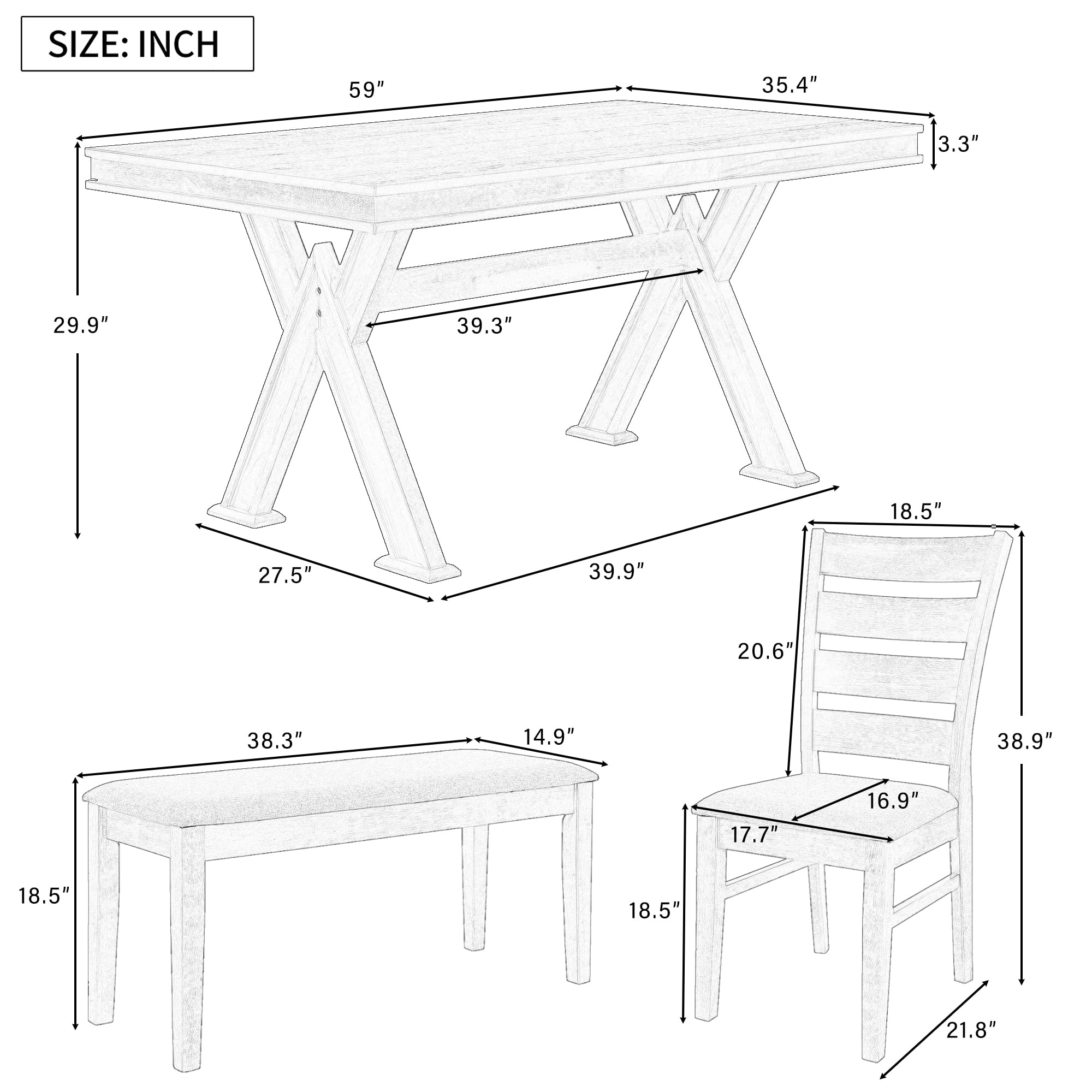 LIADTOP 6-Piece Set, Retro 59" L Rectangular Table with Unique Legs and 4 Upholstered Chairs & 1 Bench, Dining Room and Kitchen,Natural Wood Wash