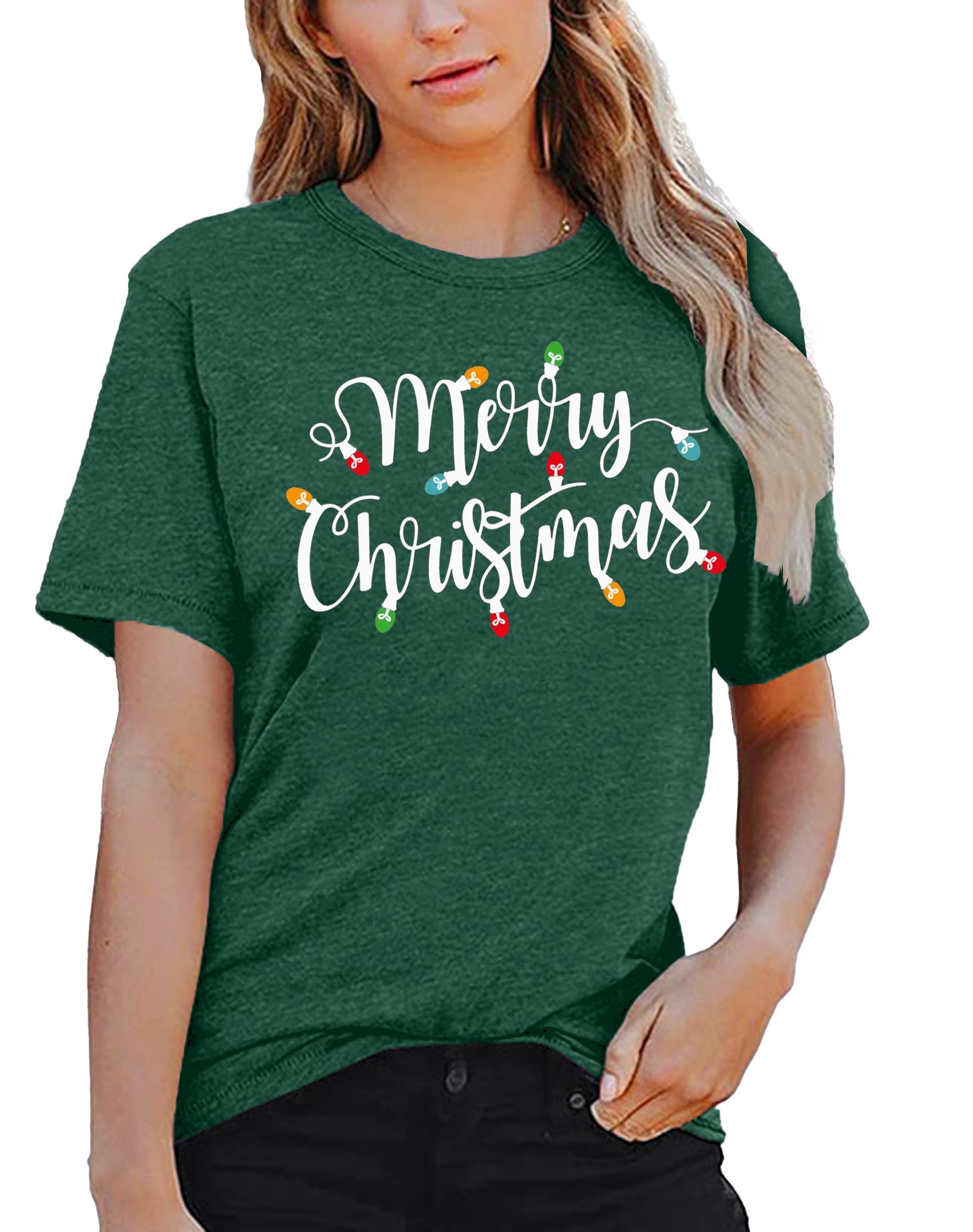 MAIHUN Christmas Shirts Womens Merry Christmas Shirt Xmas Holiday Tshirt Christmas Lights Tee Green