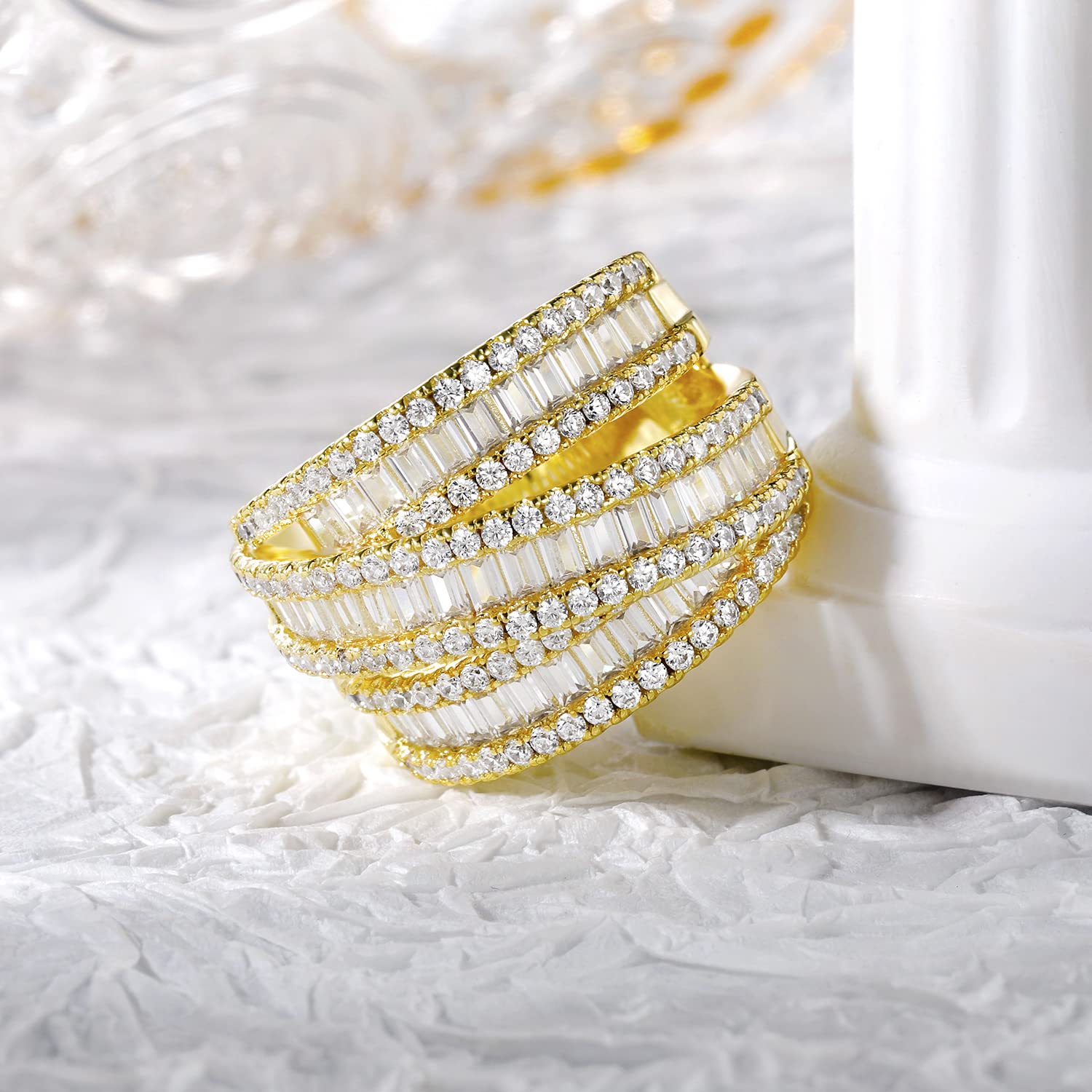 OPOMOMO 14K Gold Plated Rings 3 Rows Eternity Wedding Band Halo Emerald Cut Lab Diamond Rings for Women Men (7)