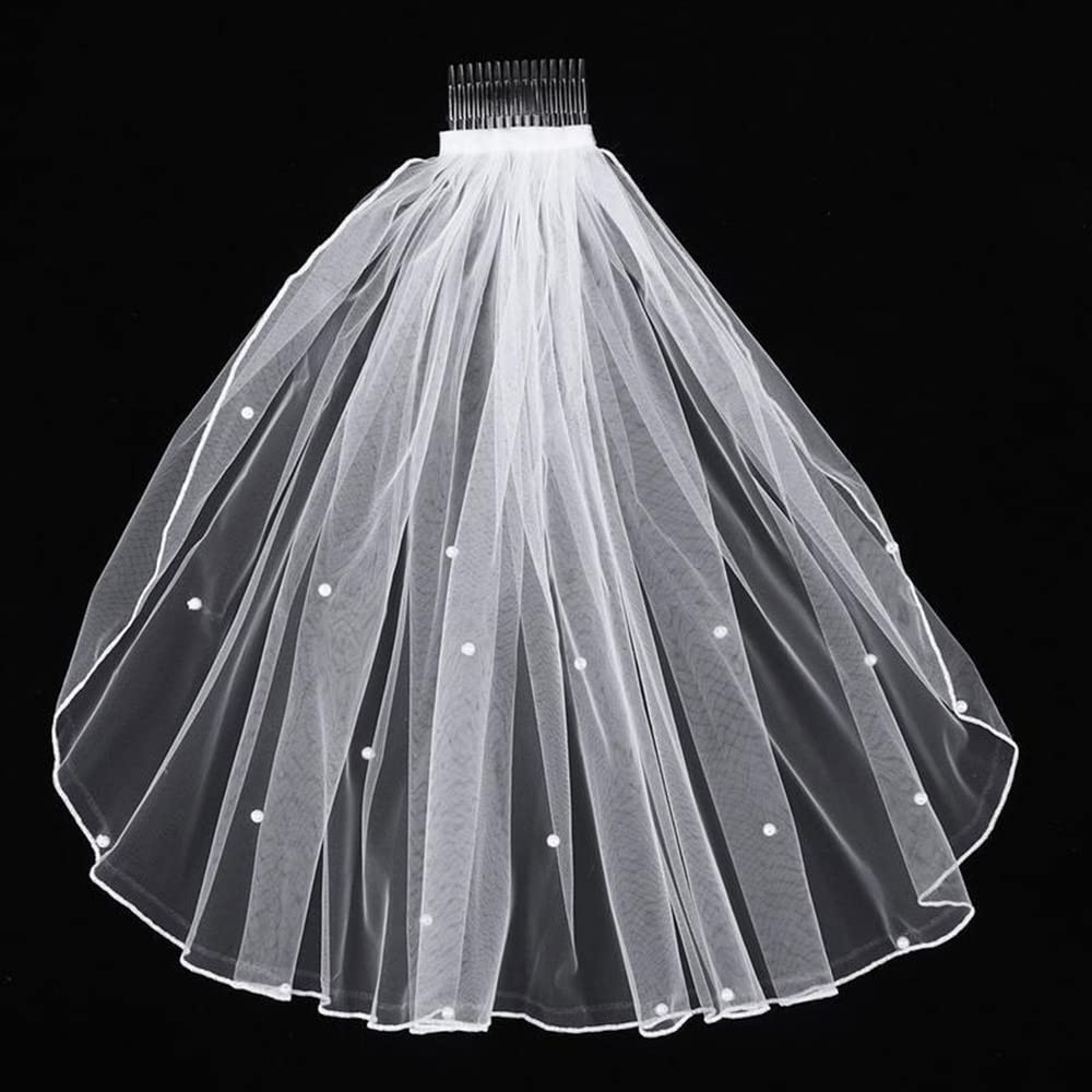 Sekhluno Wedding Veil, 1 Tier Pearl Bridal Veil with Comb Women's Short Veils (White)
