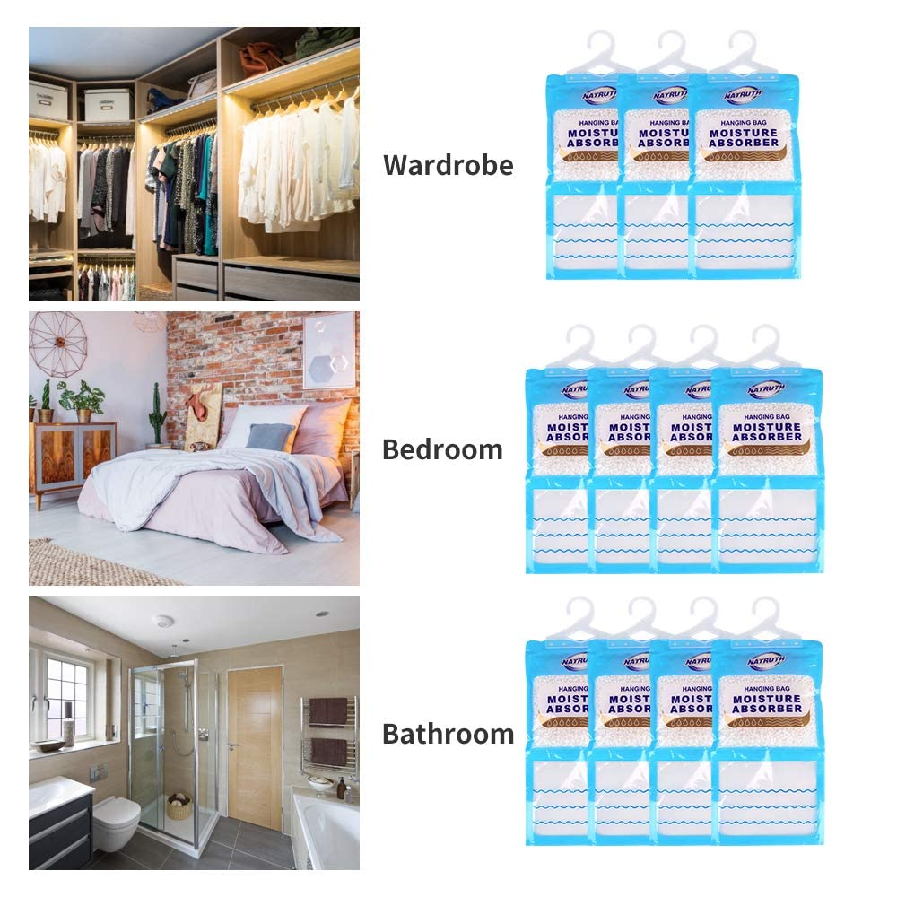 NATRUTH Moisture Absorber Bag, 12 Packs Fragrance Free Desiccant Hanging Bag,Odor Absorber,Eliminates Odors Creates Fresher Cleaner air,Efficient Humidity Absorber for Closet、Bathroom、Humidity Packs