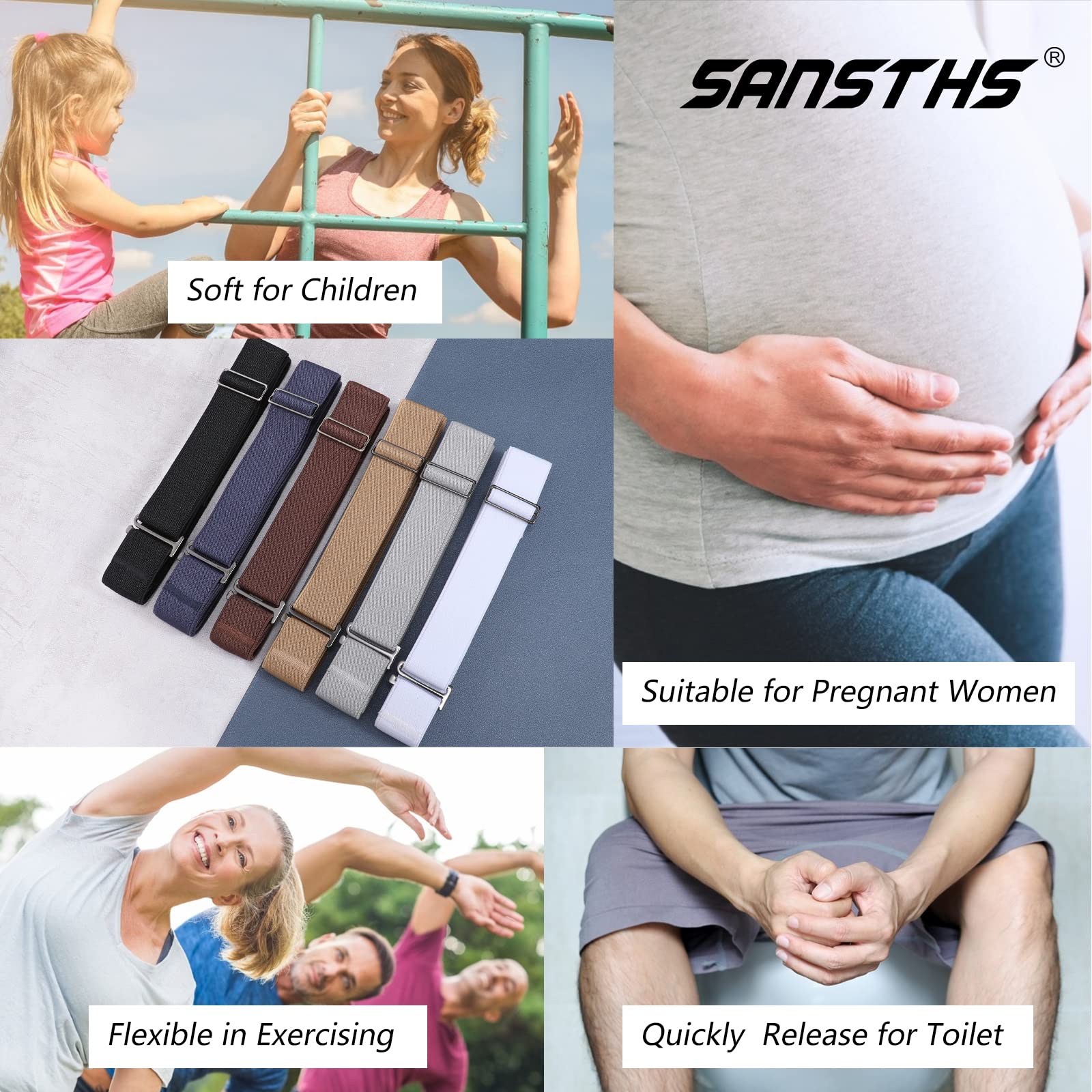 SANSTHS 6 Pieces No Show Women Belts Invisible Elastic Stretch Belt with Flat Buckle for Jeans Pants Dresses(Flat Buckle,S)