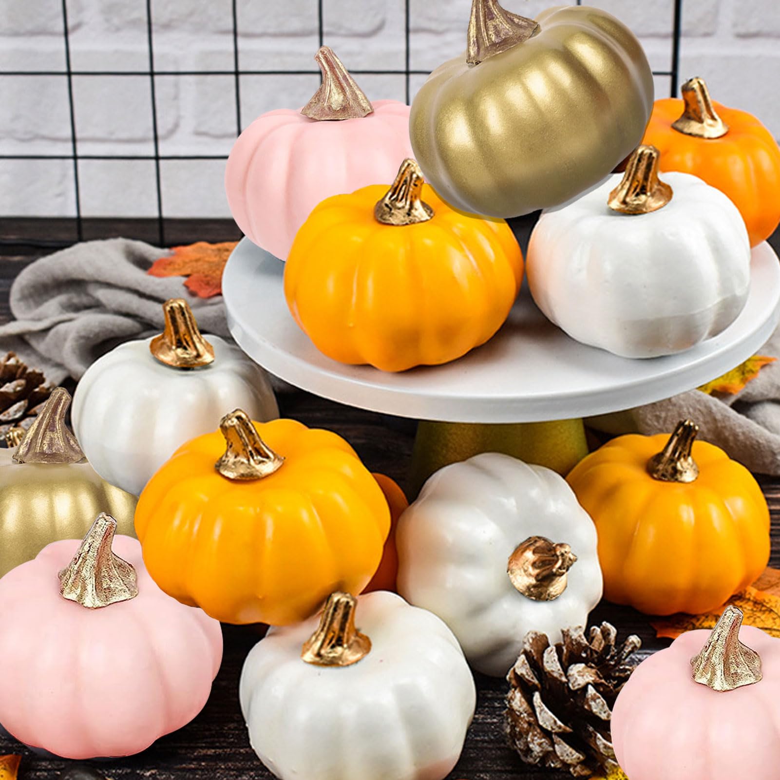 Lebsitey 16Pcs Gold Artificial Pumpkins, Fall Artificial Pumpkins Fake Pumpkins for Halloween Fall Thanksgiving Decorating Displaying (Gold)
