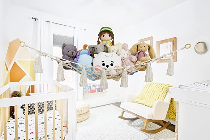 Wonlimaye Stuffed Animal Hammock Toy Storage with LED Light,Corner Stuffed Animal Net with Tassels,Children's bedroom playroom hanging toy storage net (White)