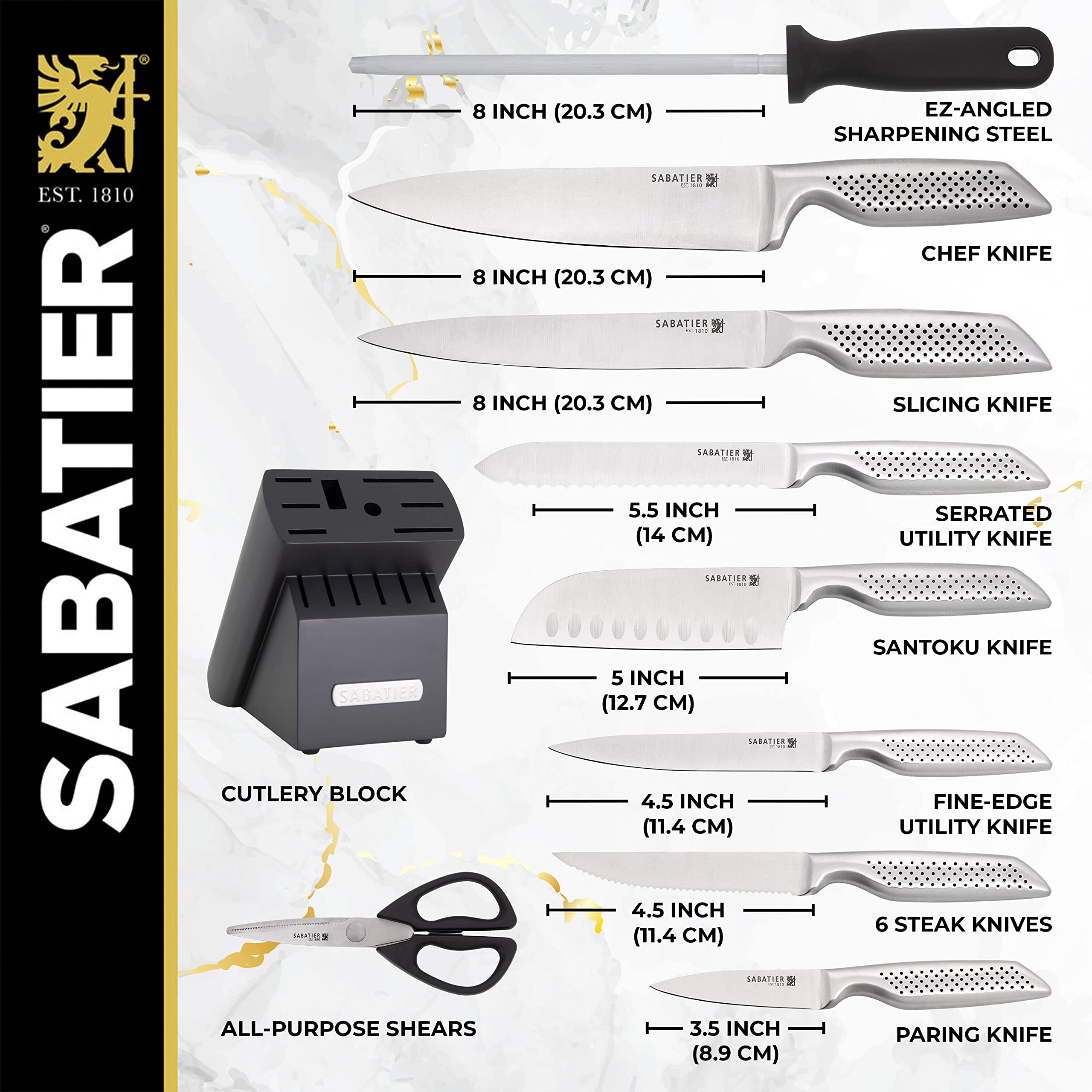 Sabatier Ergonomic Textured, High-Carbon Kitchen Knives, Razor-Sharp Knife Set with Rubberwood Block, Stainless Steel Handle, 15-Piece, Black