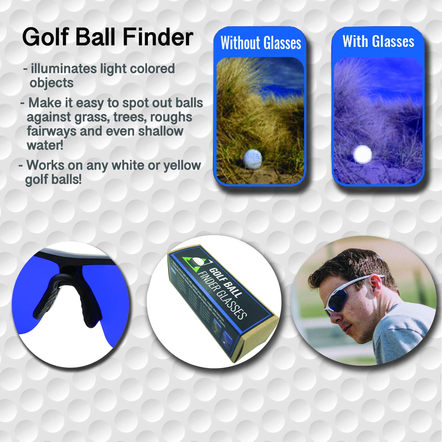 Men's Golf Ball Finder Glasses - True Blue Lens - Sports Style Frame - Wrap Around Sunglasses (Rectangle Sport Black)