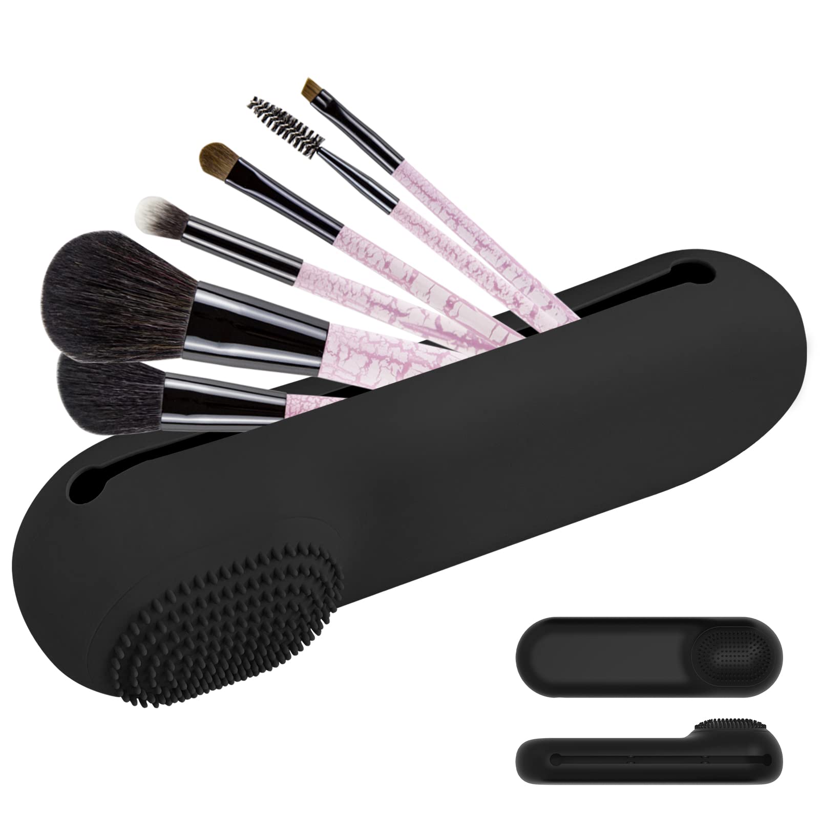 Xabzhzn Silicone Makeup Brush Holder Case, Full Sized & Larger Brushes Fit, Cosmetic Brush Holder Organizer, Silicon Make Up Brush Container for Travel, Daily Use, Black (Makeup Brushes Not Included)