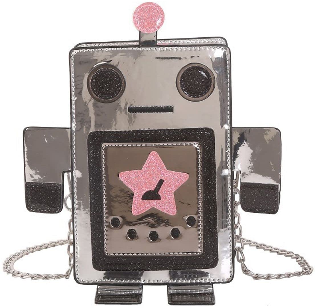 QZUnique Robot Shape Shoulder Bag 3D Pu Leather Purse Glossy Crossbody Bag with Detachable Chain
